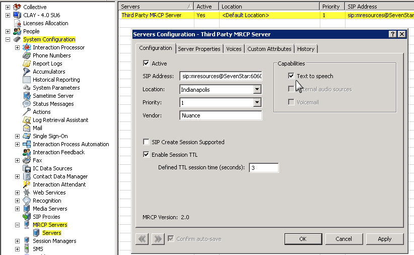 MRCP Technical Reference - Configure an MRCP server for Text to Speech