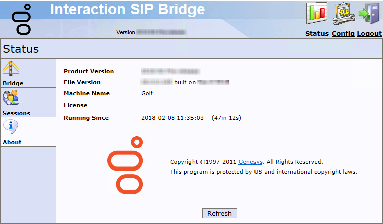 SIP Bridge Technical Reference - Status - About page