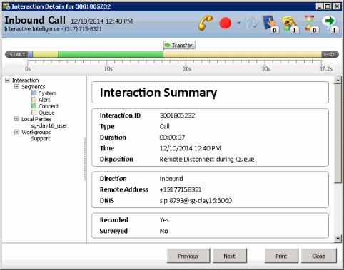 Interaction Tracker Help - Interaction Details view