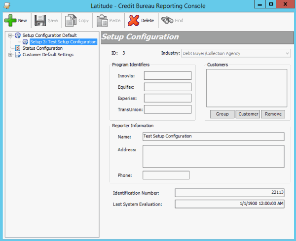 Credit Bureau Reporting Console - Add a Setup Configuration