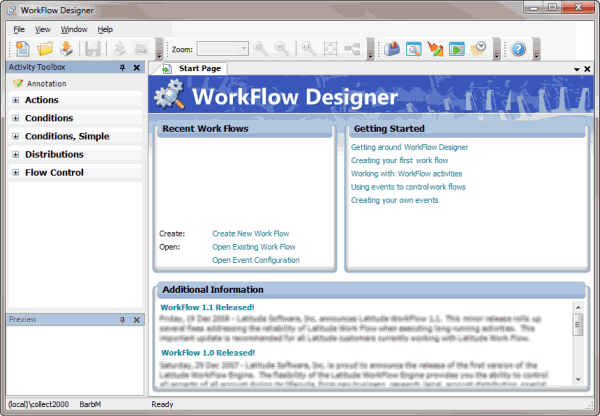 Latitude WorkFlow Designer Help - View the Start Page