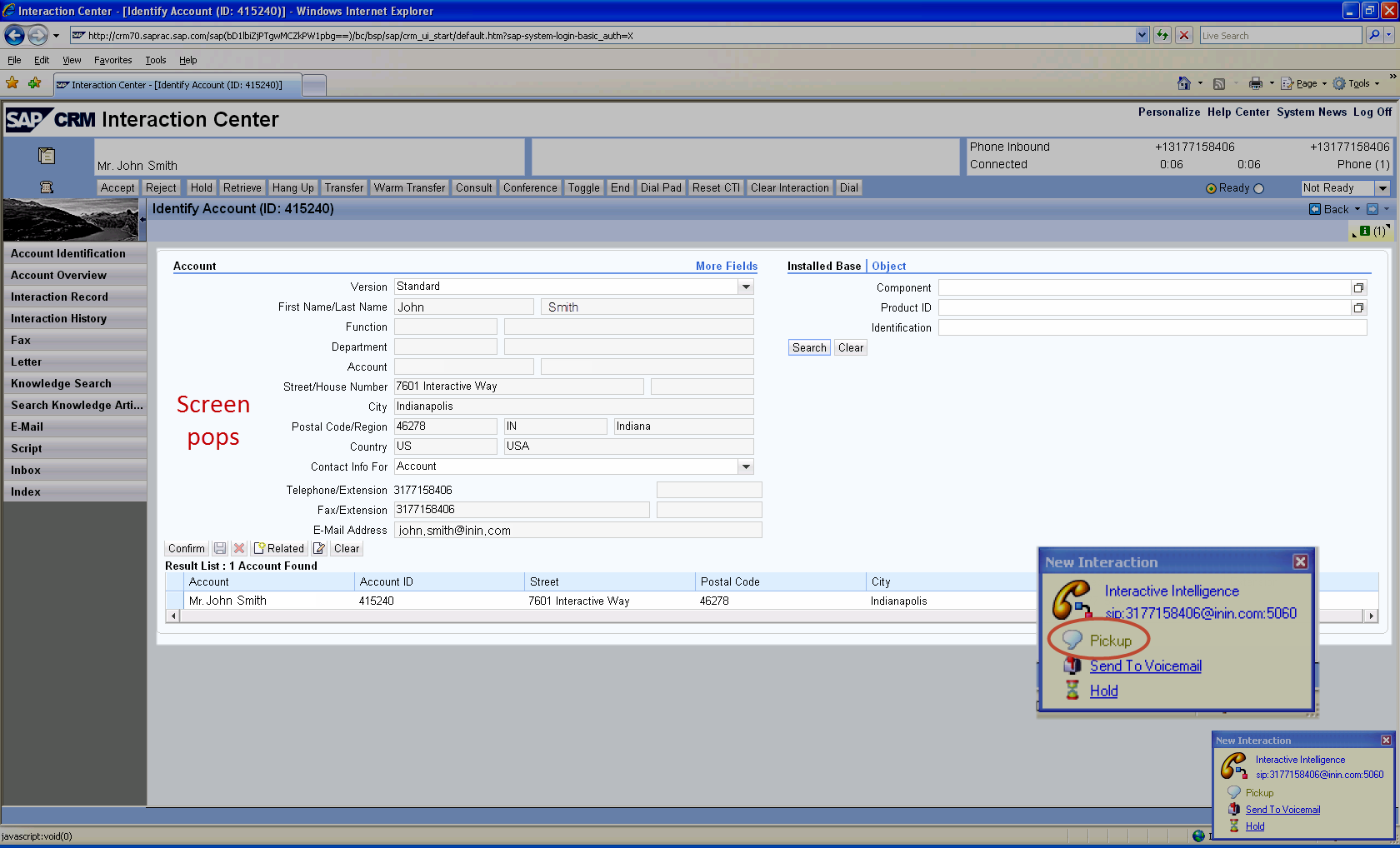 SAP CRM Integration Technical Reference - Screen pop