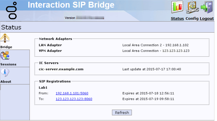 Sip Bridge Technical Reference Status Bridge Page