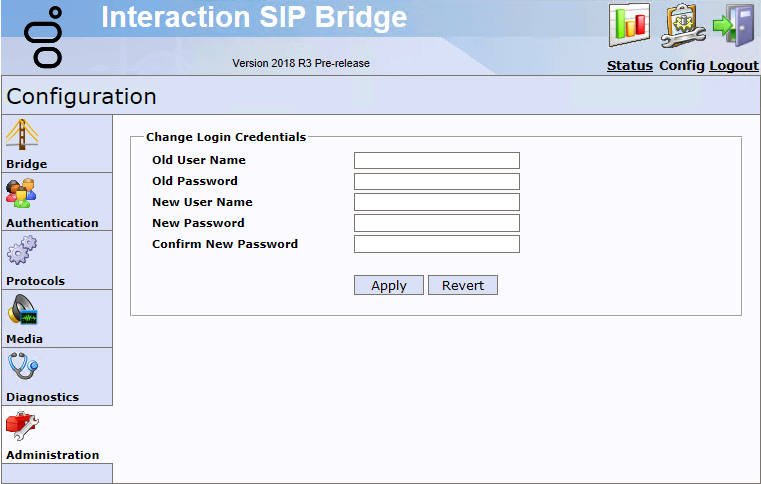 SIP Bridge Technical Reference - Configuration - Administration page