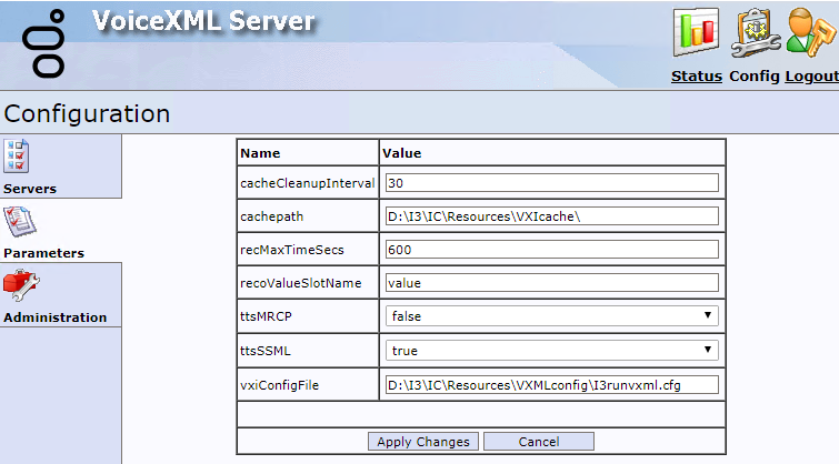 VoiceXML Installation and Configuration - Configuration -Parameters page